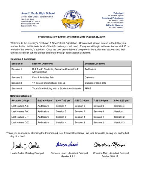 Freshman and New Student Orientation Information | Averill Park Central ...