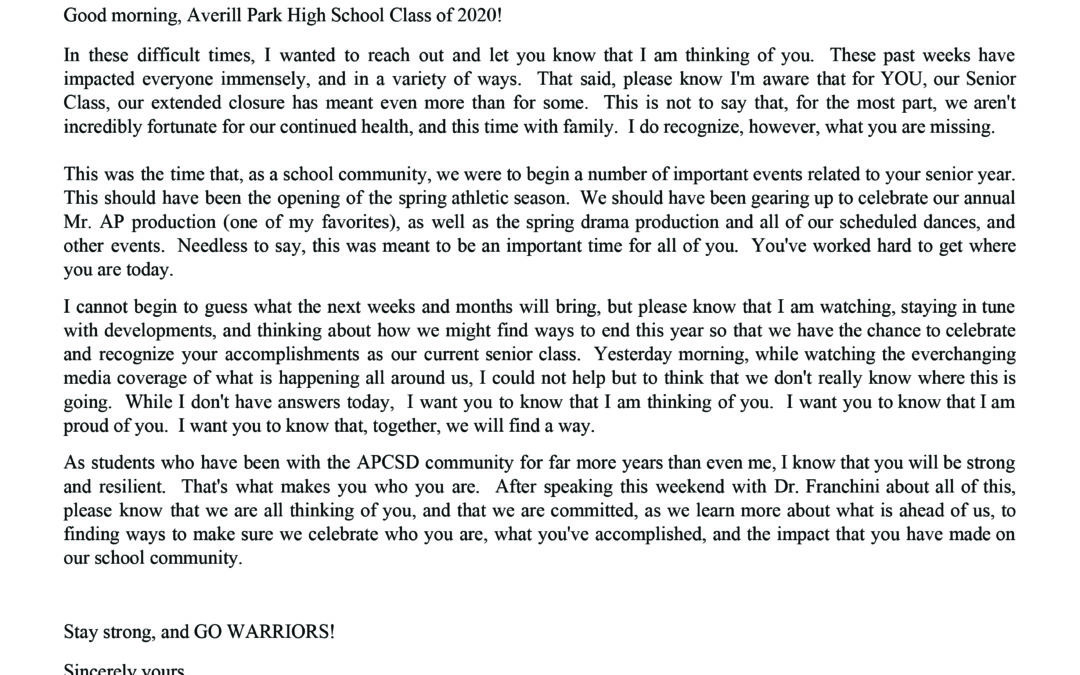 Letter to Class of 2020 from HS Principal Mr. Quiles | Averill Park ...