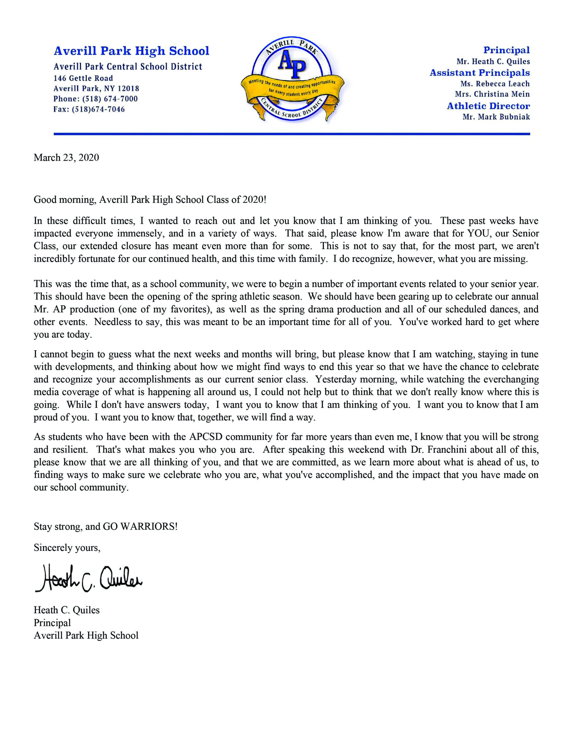Letter to Class of 2020 from HS Principal Mr. Quiles | Averill Park ...