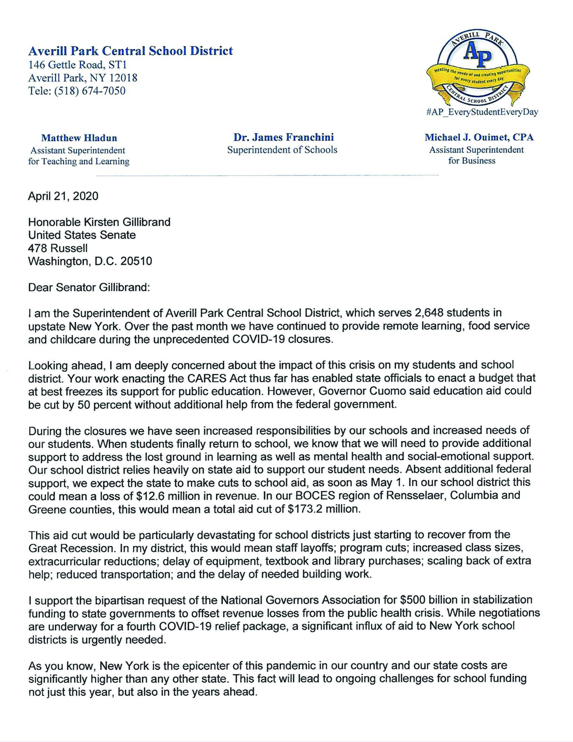 Letters to Congressmen, Senators | Averill Park Central School District