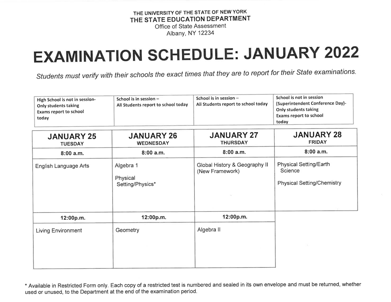 January 2022 Regents Exam Schedule | Averill Park Central School District