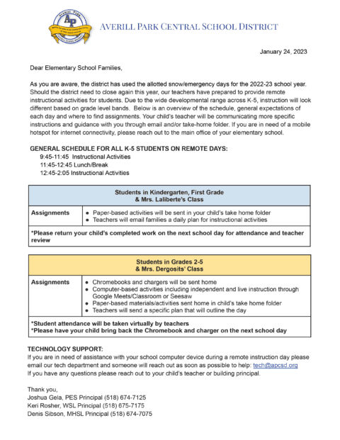 Elementary Remote Learning Plan | Averill Park Central School District