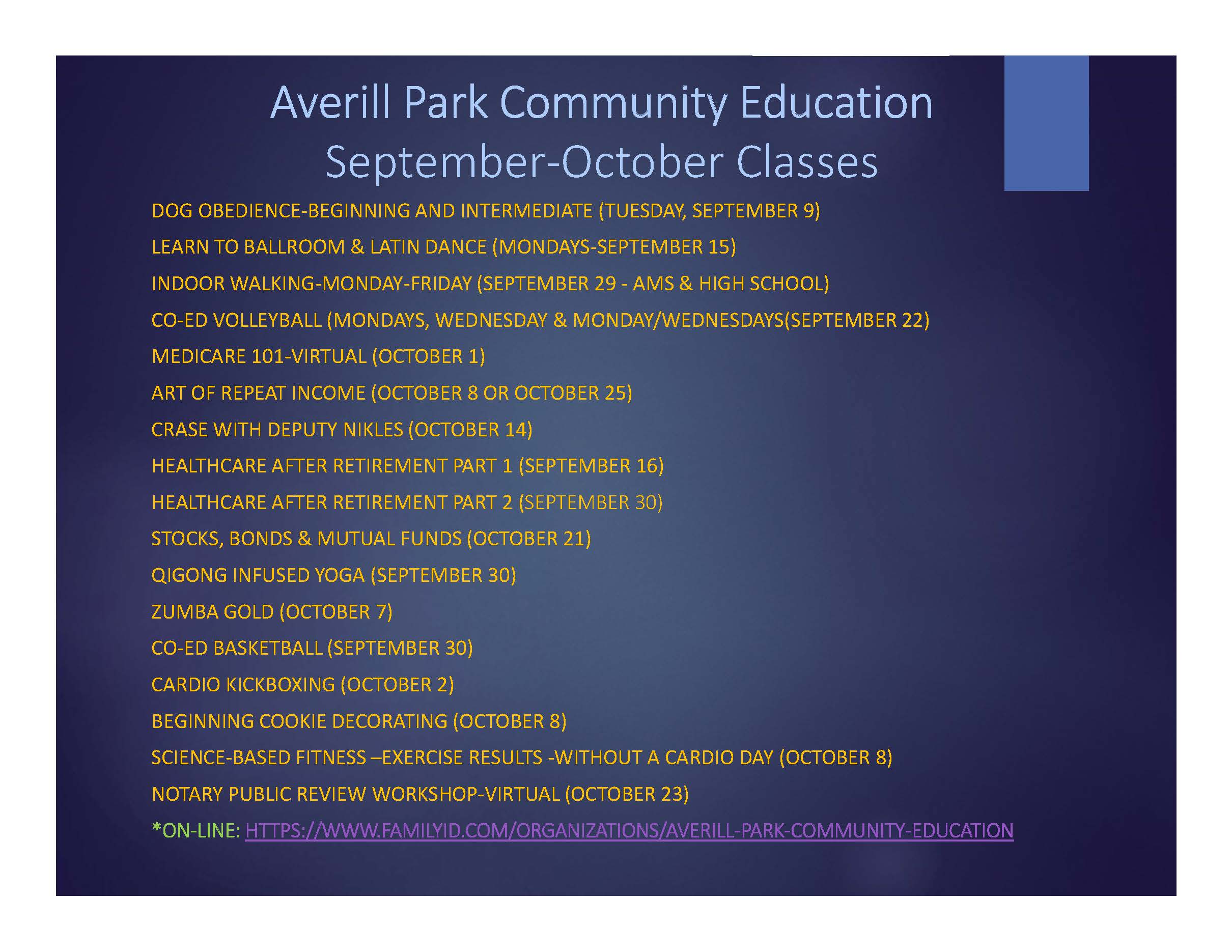 Community Education Monthly Classes 2025-26 | Averill Park Central ...