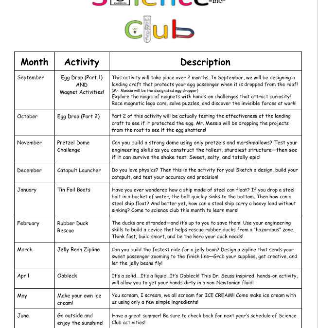 Science club activity dates | Averill Park Central School District